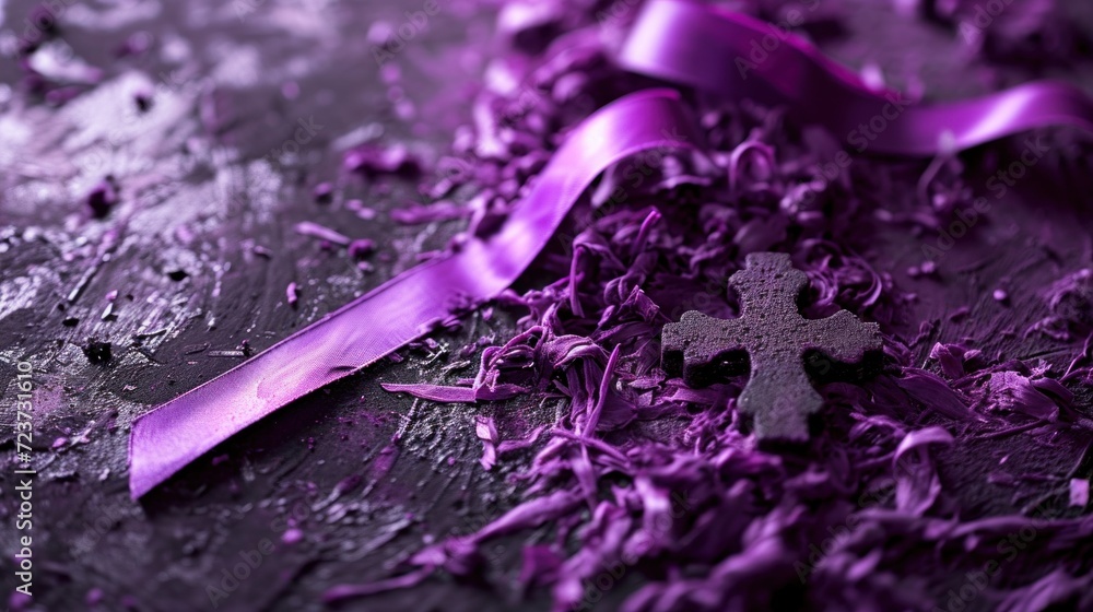 Minimalist Ash Cross with Purple Ribbon for Ash Wednesday. Close-up of ...