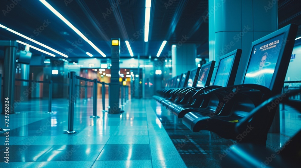 An airport security checkpoint with facial recognition cameras ...
