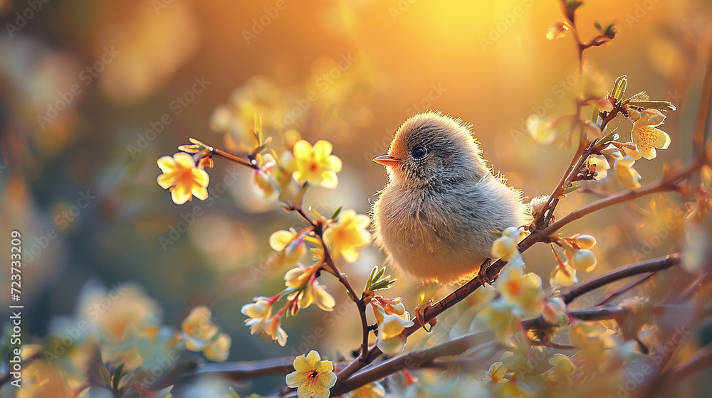 sfondo o wallpaper di uccellino su un ramo con luce calda del sole ed ...