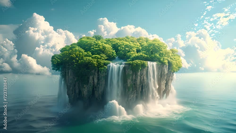 Flying Island. Fantasy paradise land with waterfall, trees, mountains ...