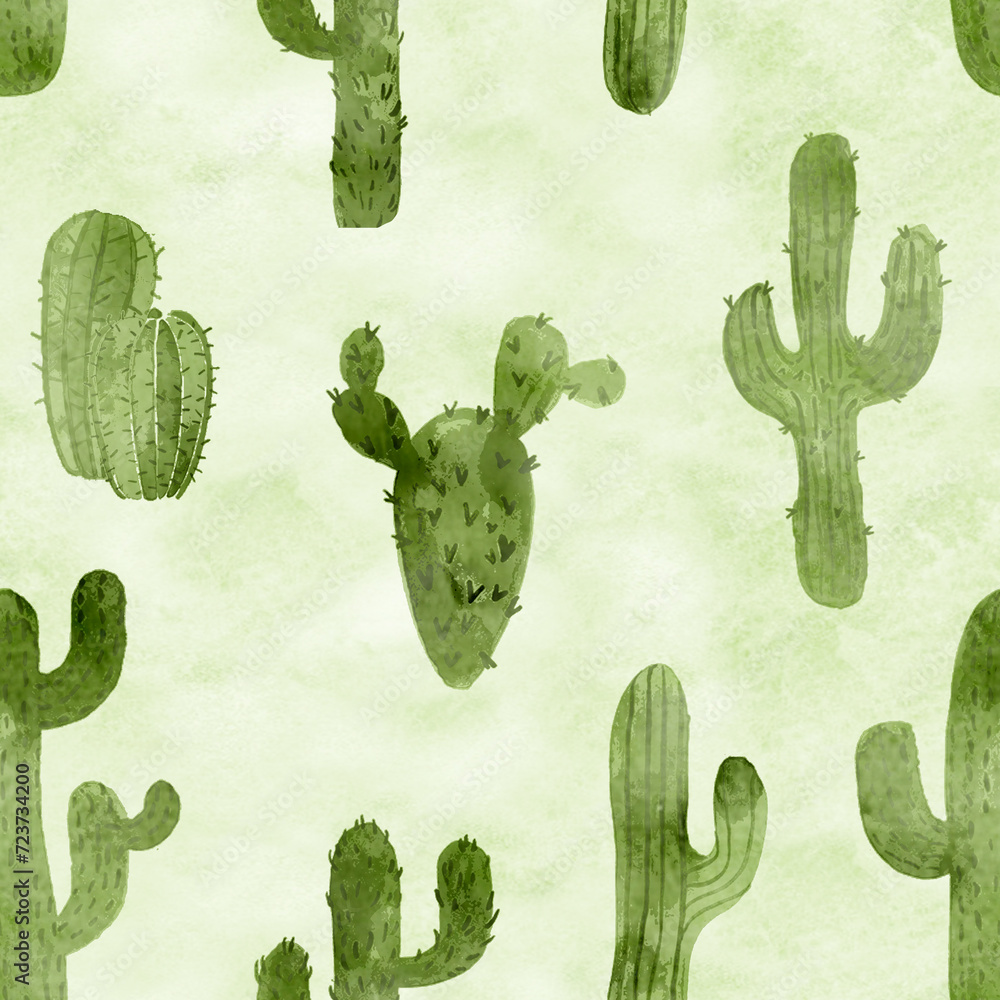Seamless watercolour digital cactus pattern on paper texture. Botanical ...