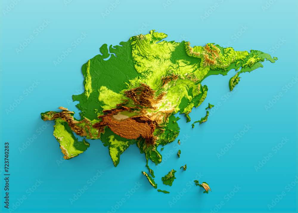 Asia Map Shaded Relief Color Height Map On Sea Blue Background 3d ...