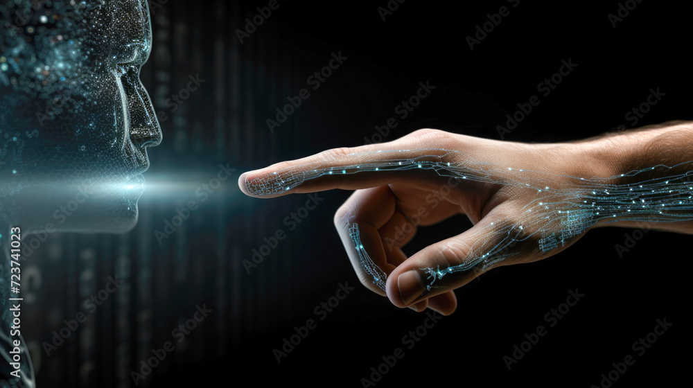 The metaphorical touch of a hand on the Metaverse, portraying the dawn ...