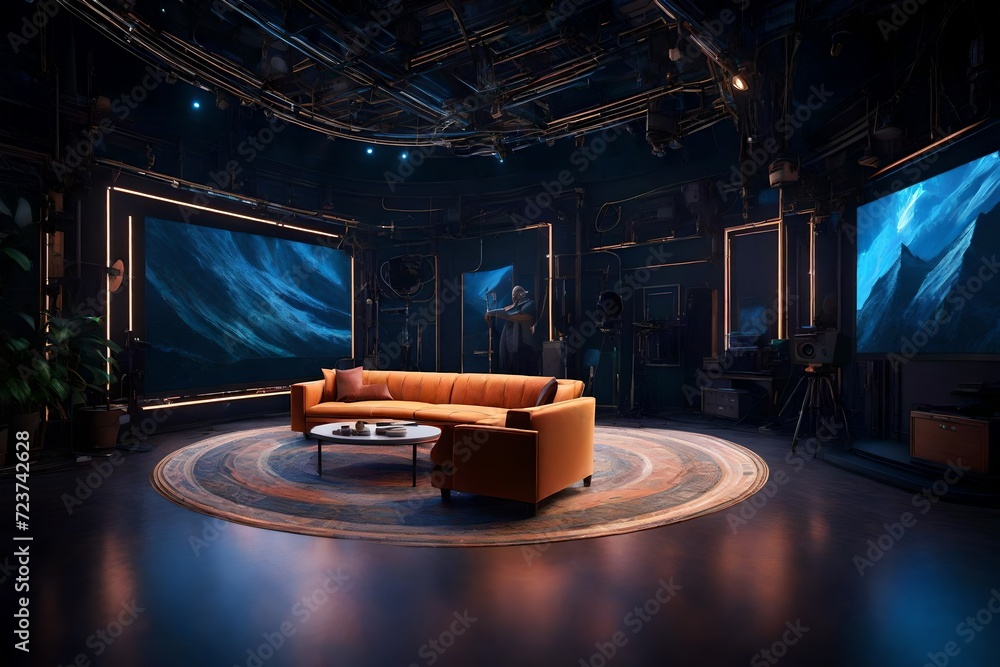 an AI prompt for generating an image of an immersive TV studio stage ...