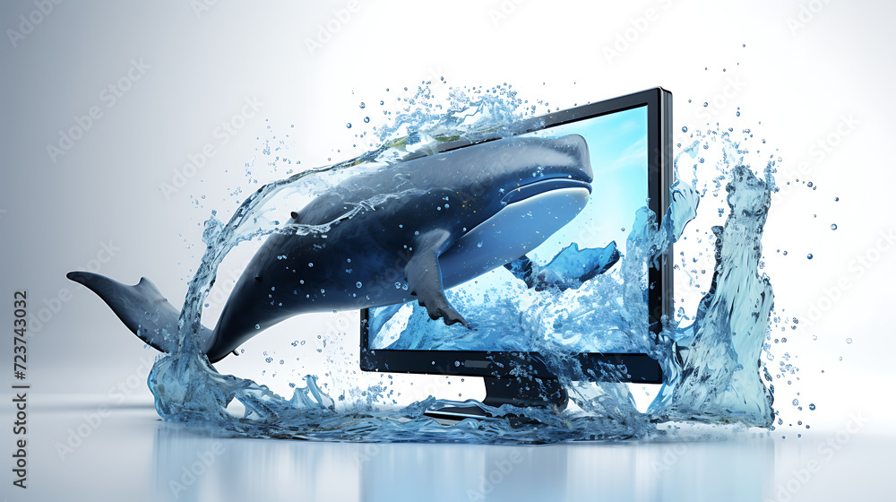 whale outgoing of computer screen, showcase of water splashes ...