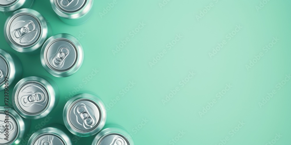 Background with copy space and a cluster of aluminum cans on a teal ...