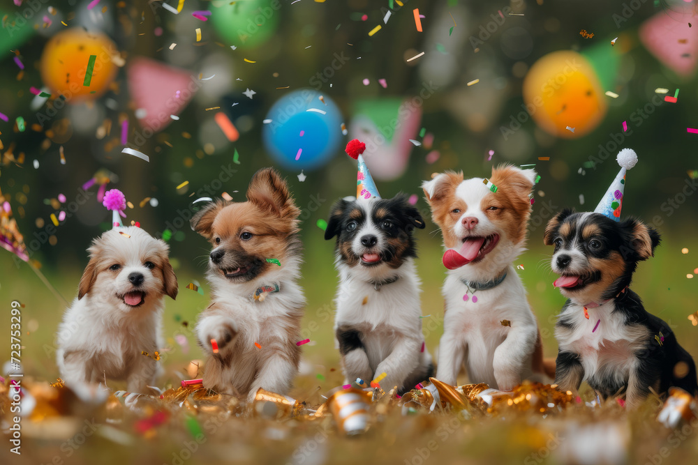 Puppy dogs wearing birthday hat at party. Purebred smiling dogs on ...