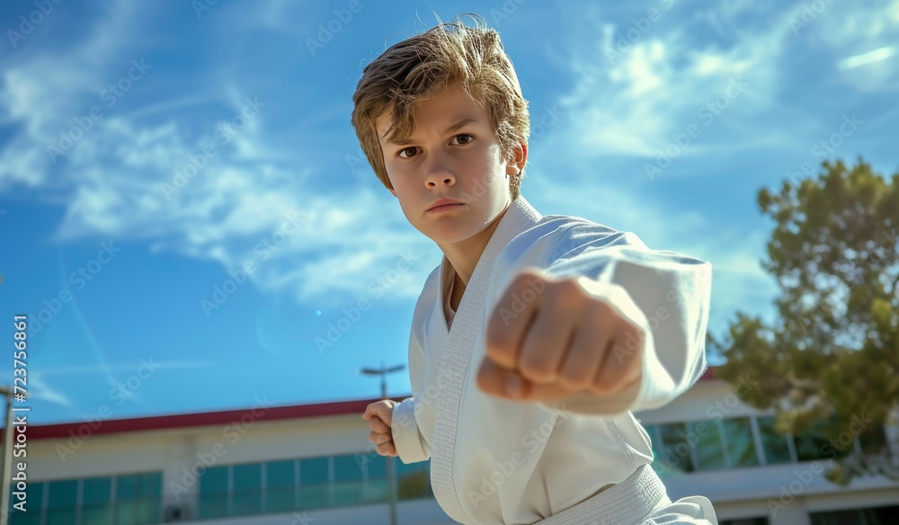 Amazing boy in a karate gi in a fighting stance, dojo in the background ...
