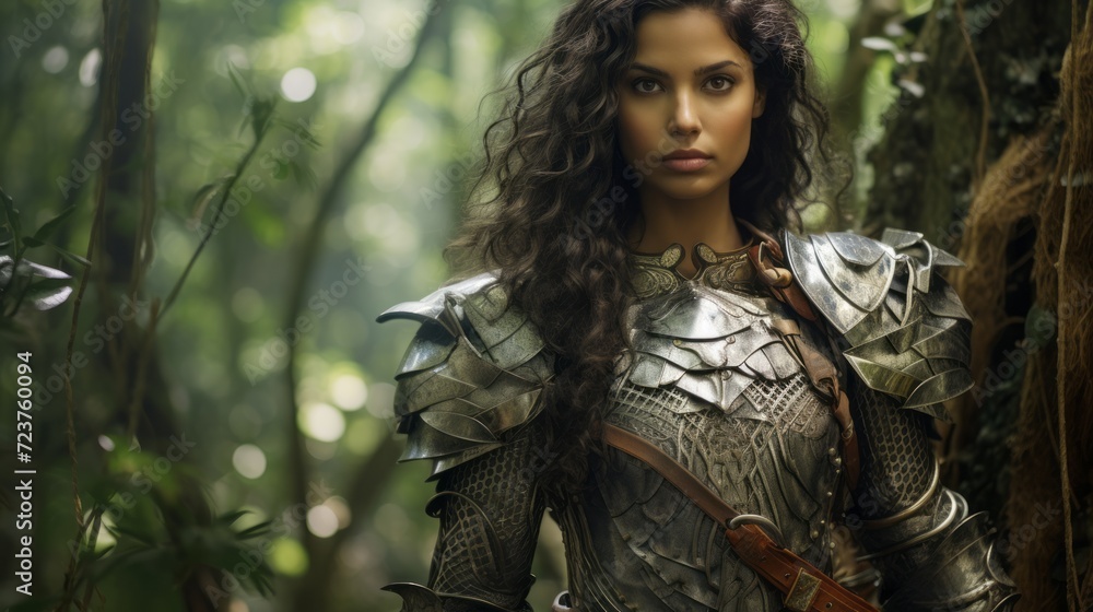 Beautiful amazonian woman in shiny armor. Portrait of an attractive ...