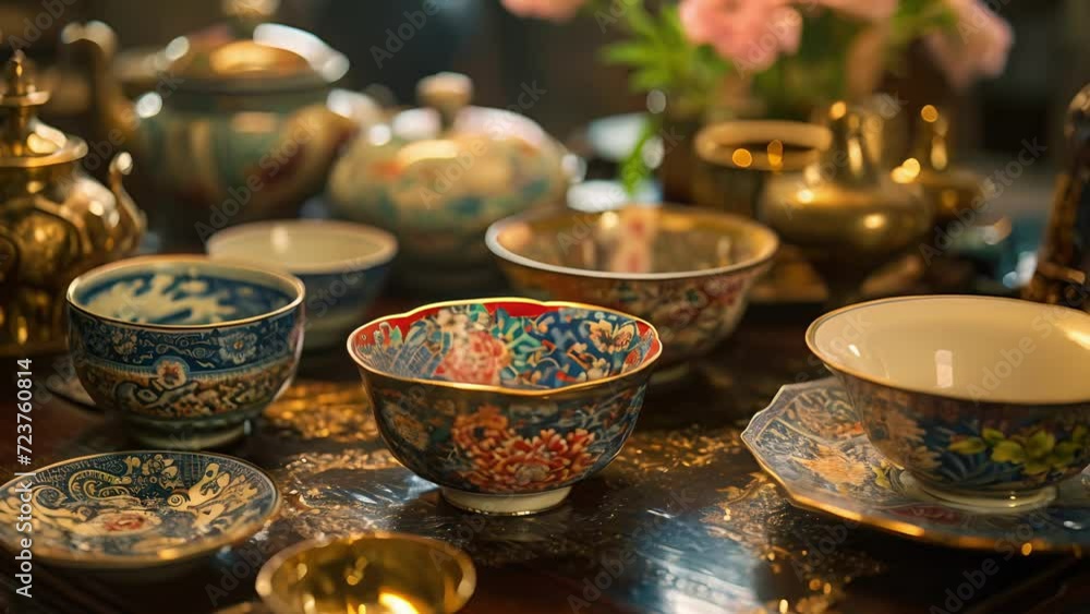Vidéo Stock Intricate patterns adorning tea cups and utensils, adding ...