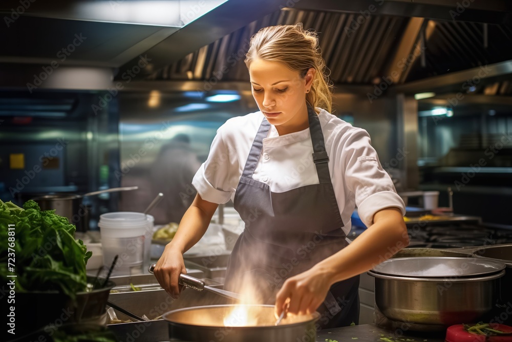 Authoritative female chef commanding professional kitchen staff. Head ...