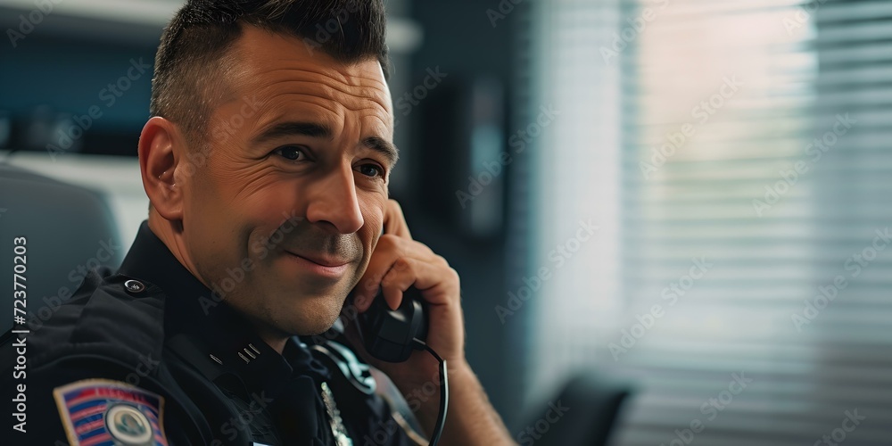 Smiling police officer on duty engaged in a phone call. professional ...