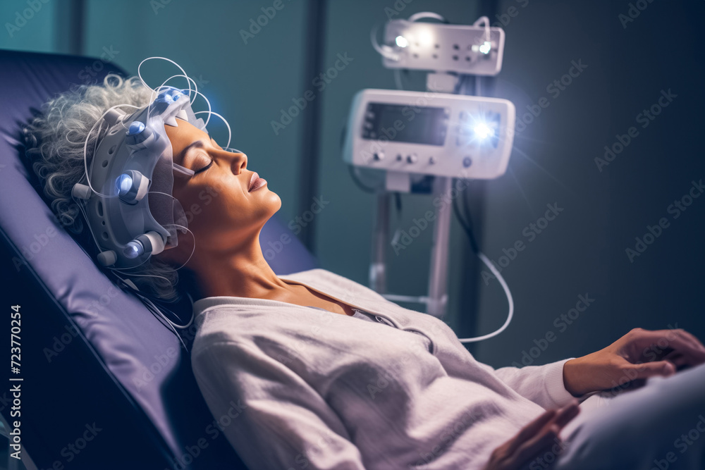 Woman patient undergoes neurofeedback therapy in hospital office ...