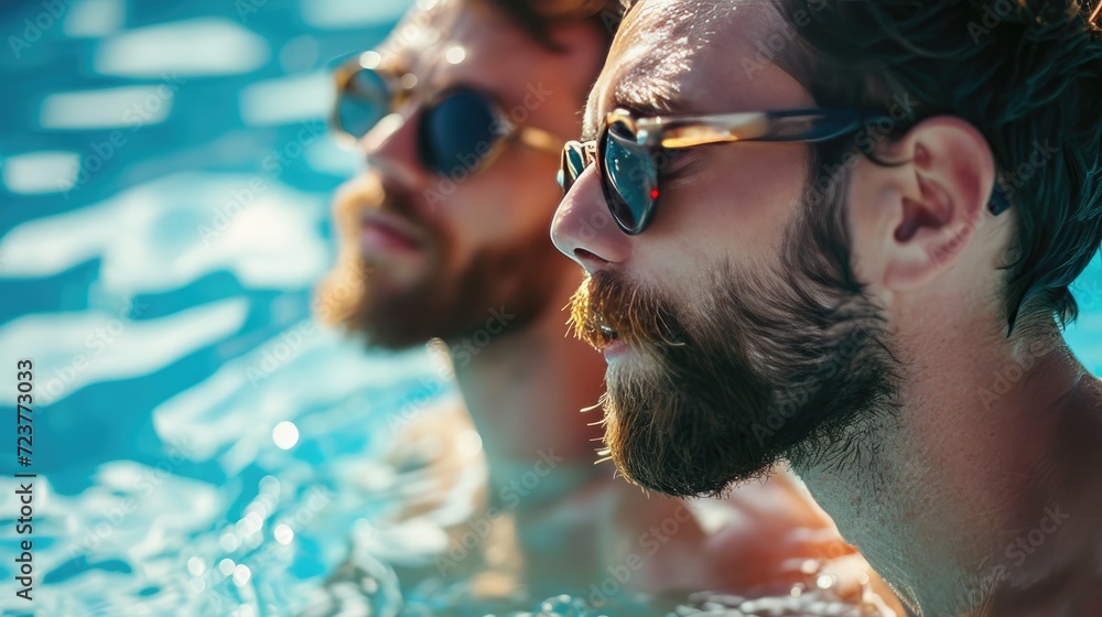 Gay couple wearing sunglasses relaxing in swimming pool or in a sea ...