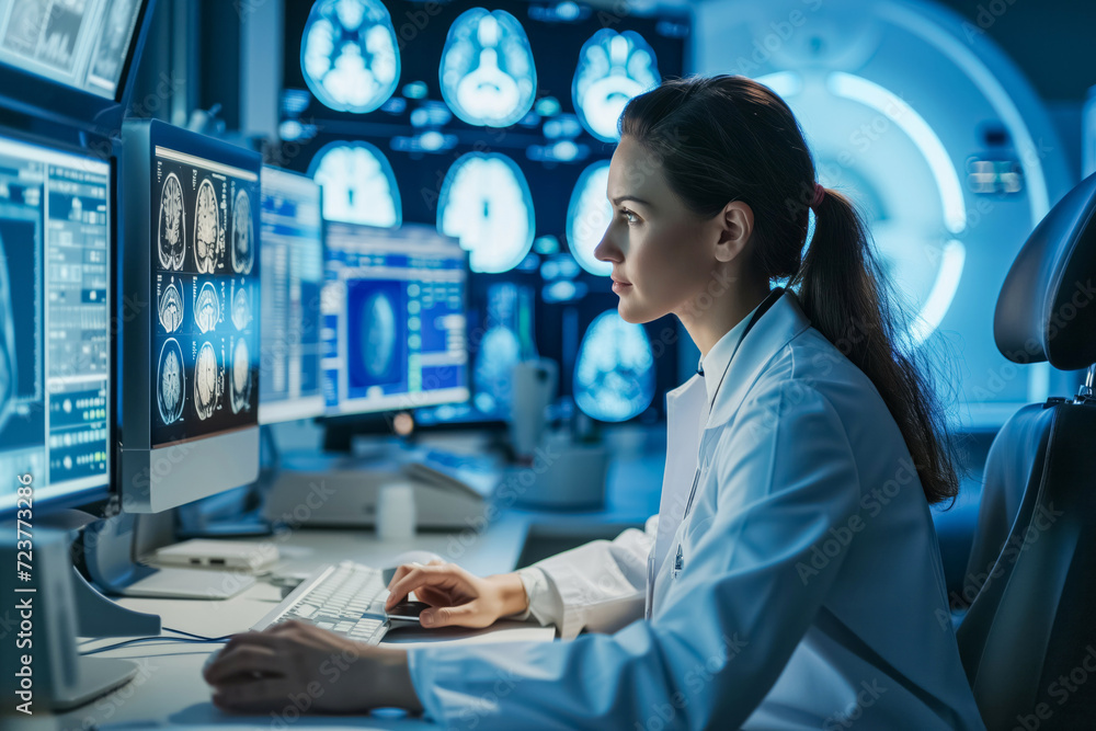 Medical woman employee works on computer in hospital laboratory ...