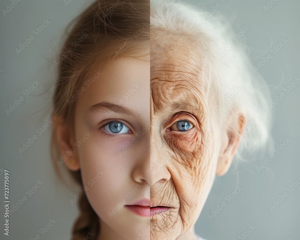 face divided into two halves, half of a young girl and half of an old ...
