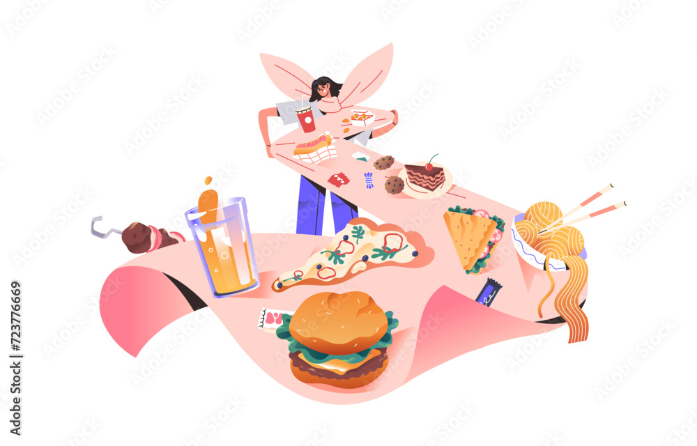 Overeating, gluttony concept. Girl obsession of consume lots of ...