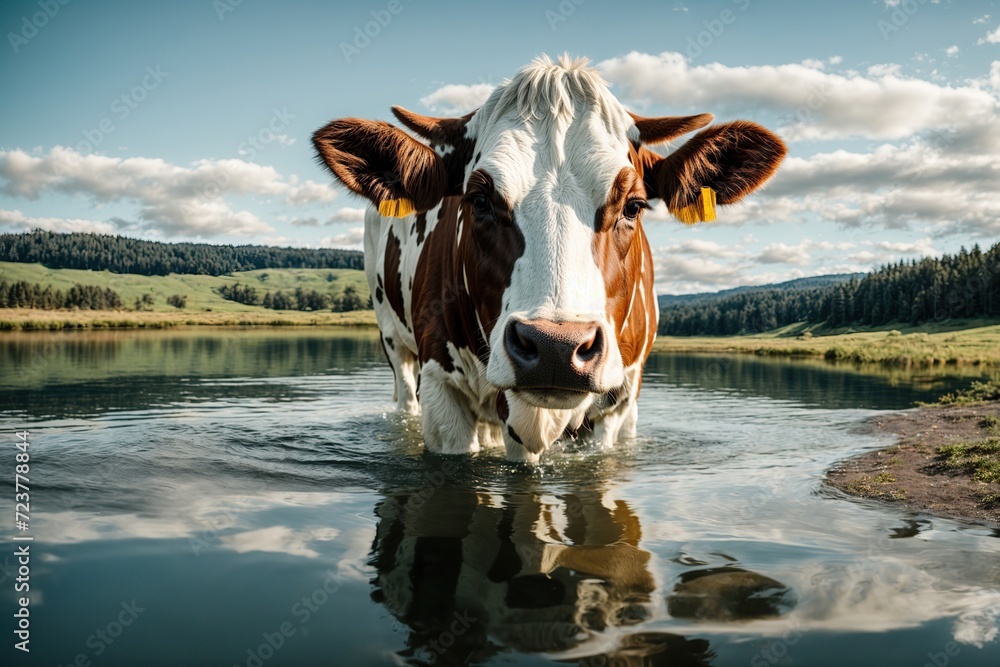 majestic dairy cow stands on the edge of a serene lake, its reflection ...