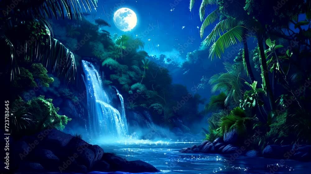 Beautiful view of tropical forest at night with the moon. Seamless ...