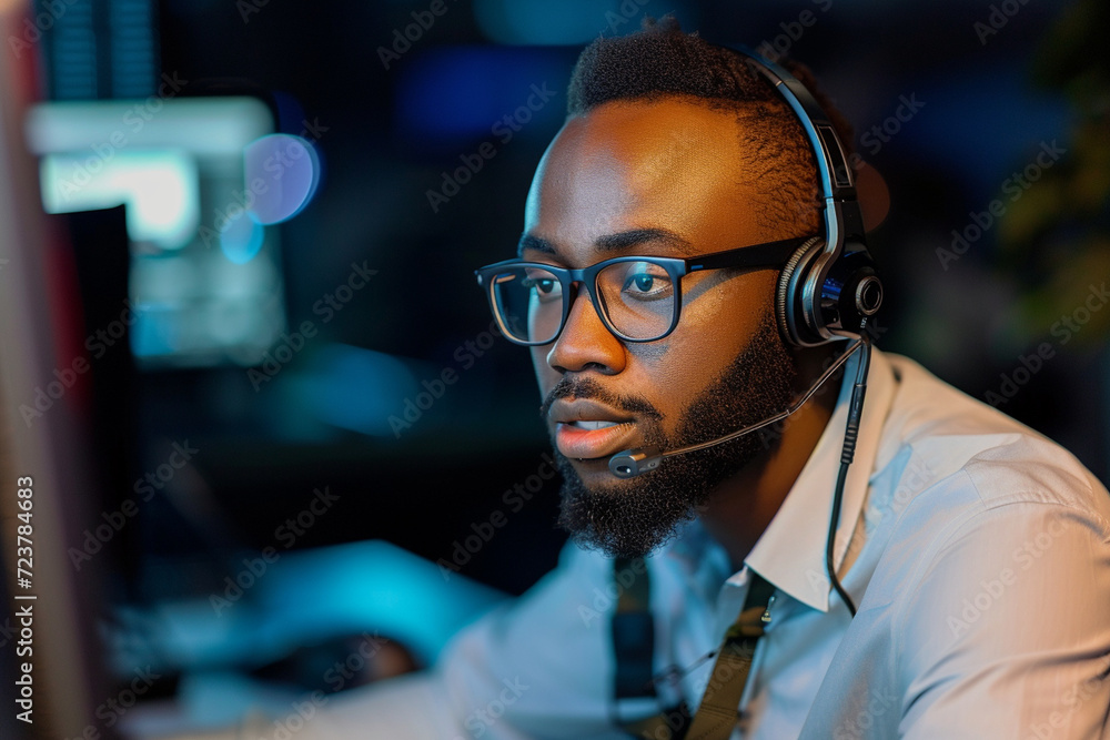 call center employee in a focused pose, highlighting the dedication and ...