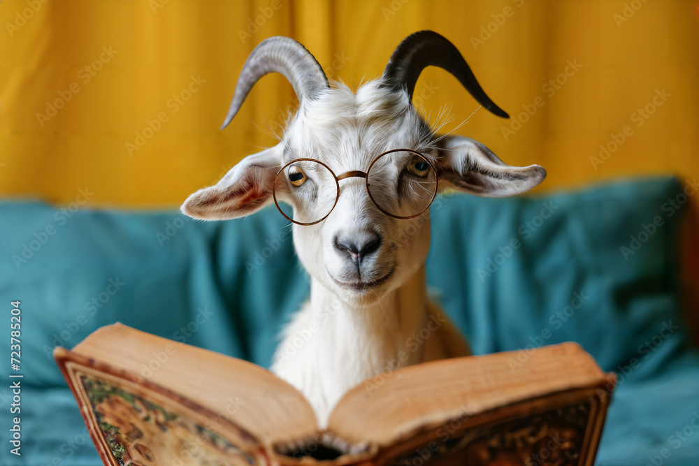 Goat Wearing Glasses and Reading Book. Created with Generative AI Stock Illustration | Adobe Stock