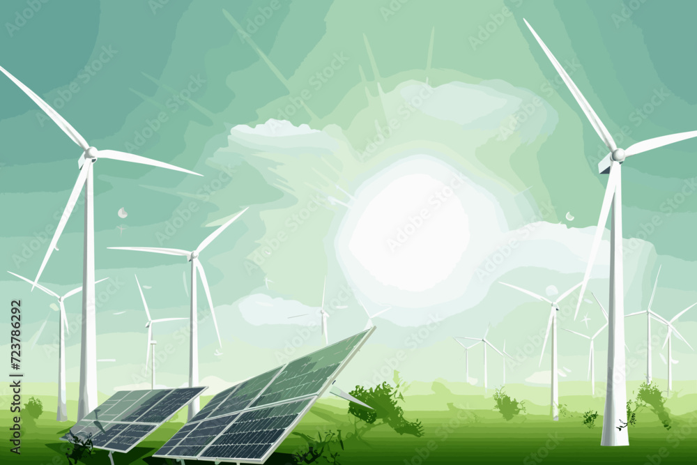 Green Energy Revolution: Wind Turbines and Solar Panels Against a Bright Sky, Symbolizing ...