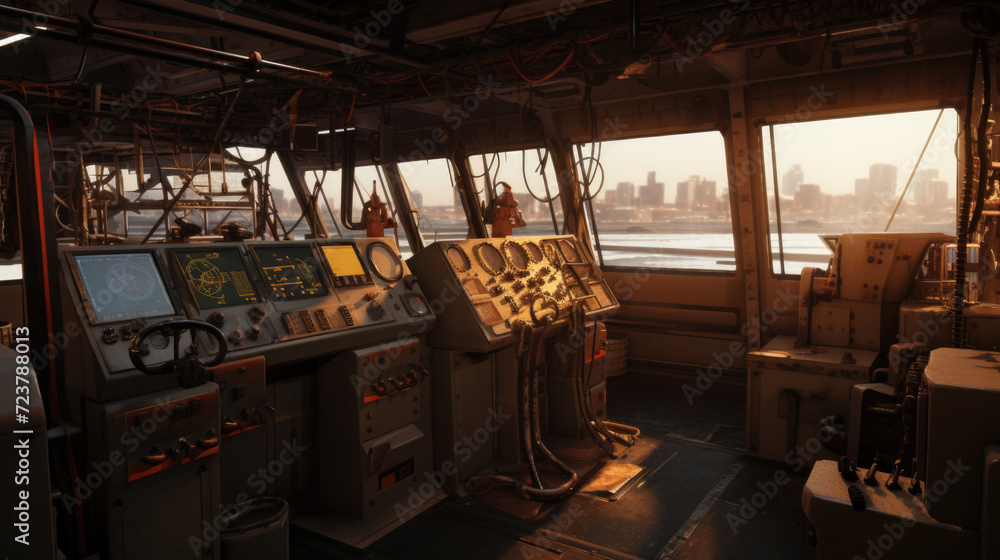 View of the control console on the navigational bridge of the cargo ...