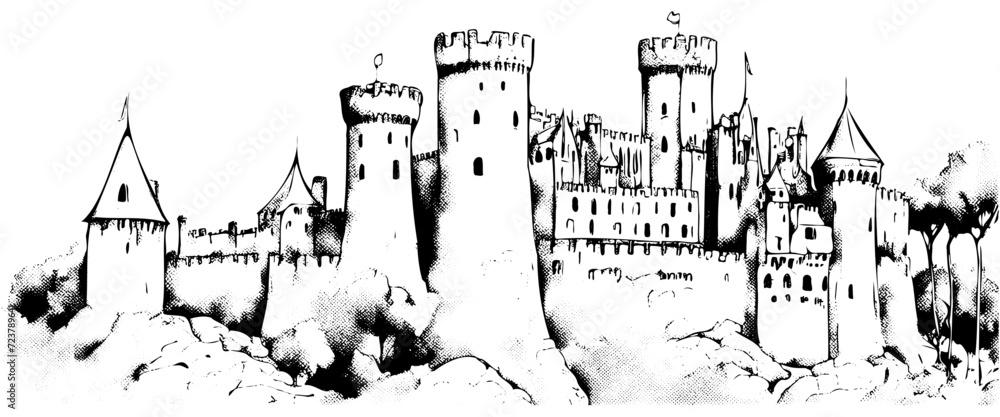 Castles medieval. Old tower buildings vintage architecture ancient gothic castles vector hand ...