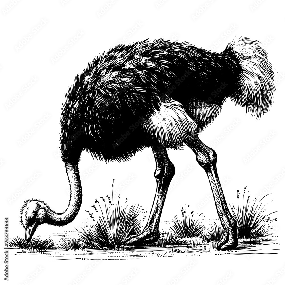 Ostrich sketch illustration. Vector black outline on transparent ...