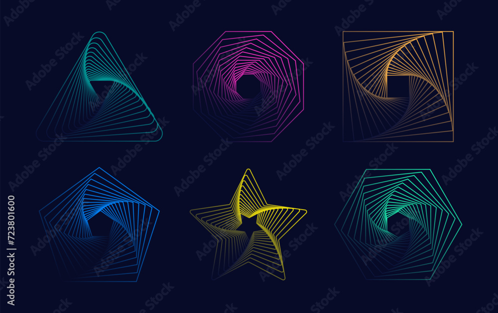 Set of abstract twisted gradient spirals. Twisted wireframe tunnel with ...