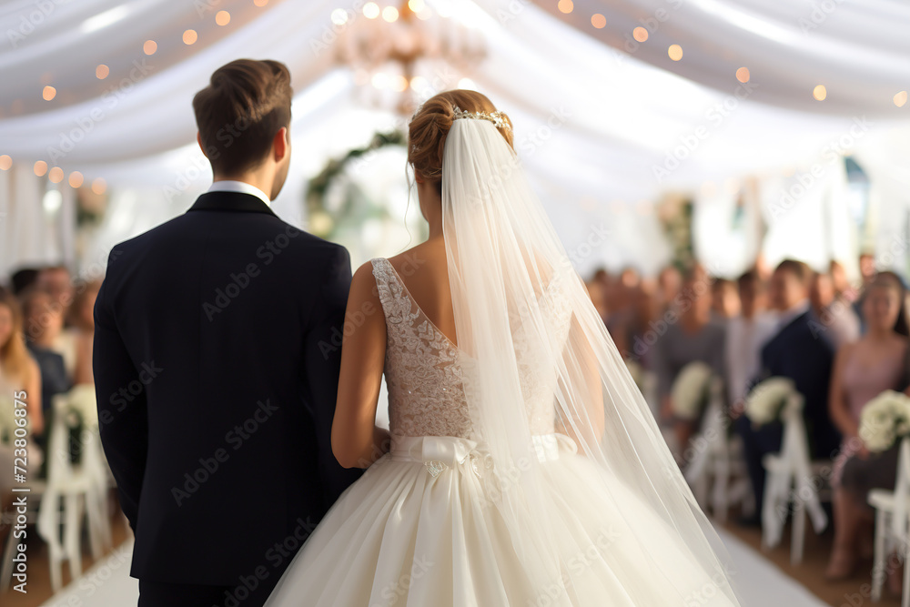 Back view of Bride and Groom walking along luxury arch between their ...