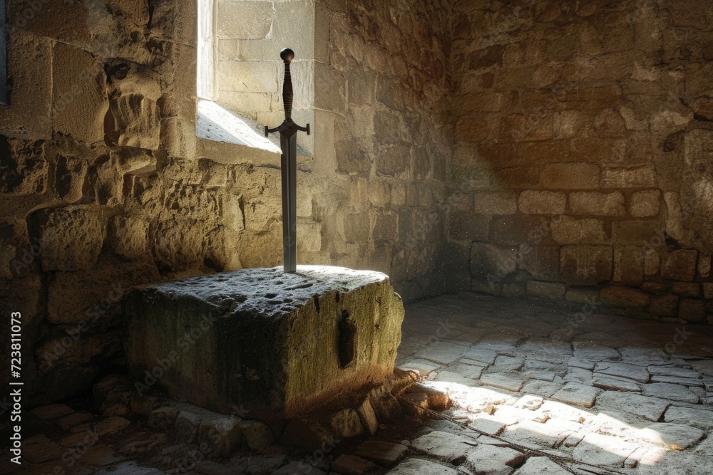 Knight's sword stuck in stone of a medieval castle, fantasy concept ...