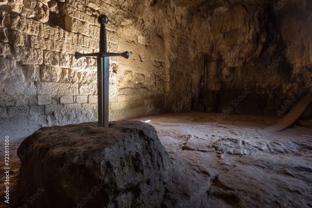 Knight's sword stuck in stone of a medieval castle, fantasy concept ...