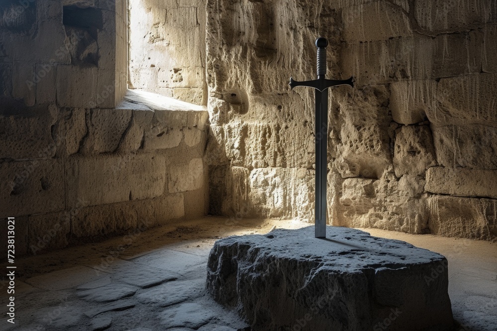Knight's sword stuck in stone of a medieval castle, fantasy concept ...