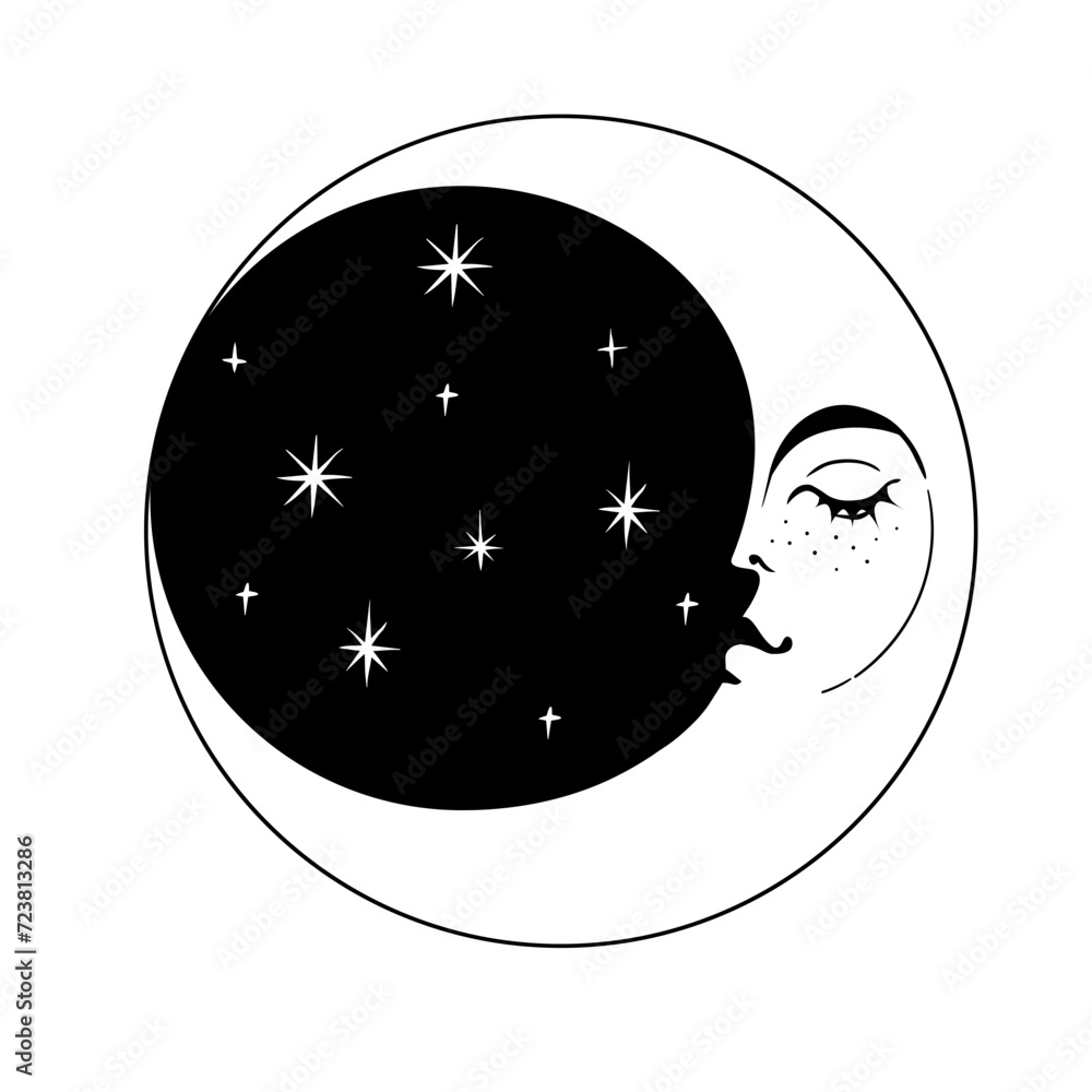 Stylish crescent moon face and sky with stars, celestial outline tattoo ...