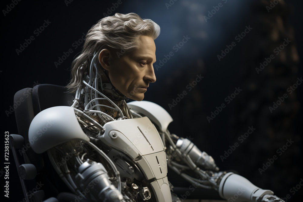 A close up profile photo of a thinking humanoid robot with an ...