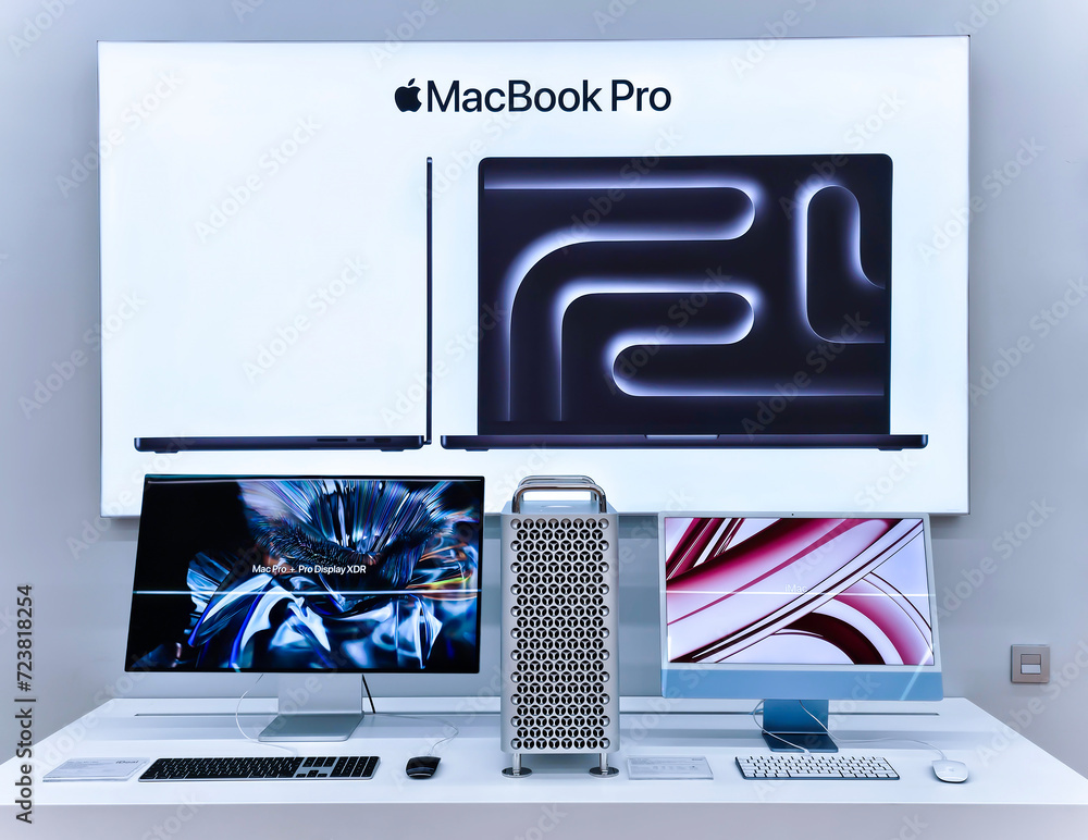 LATVIA, RIGA, 15, JANUARY, 2024: Showroom of modern electronics with a new Mac Book Pro computer ...