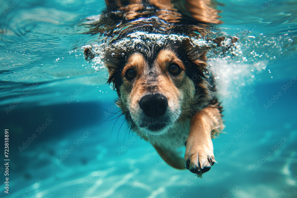 dog underwater catching ball. Underwater funny photo of dog in swimming ...