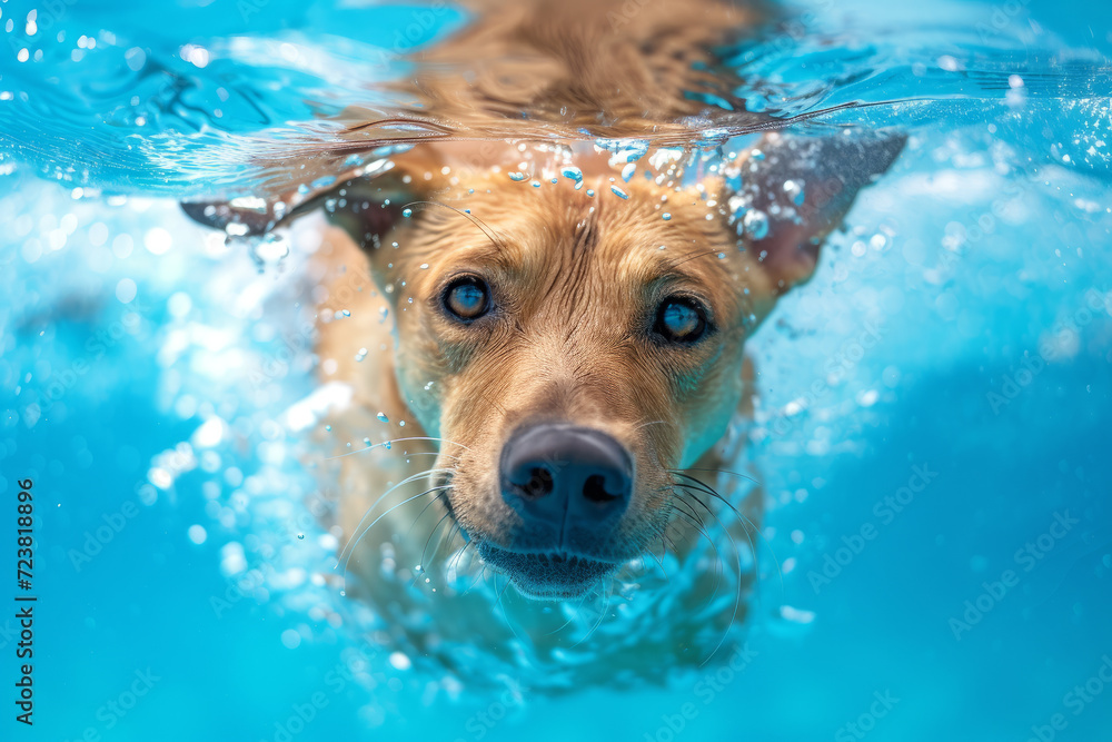 dog underwater catching ball. Underwater funny photo of dog in swimming ...