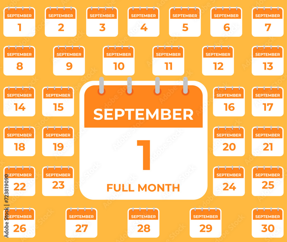 A set of square calendar page icons for each day of September. Simple ...