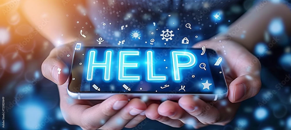 Holographic help text icon shining on mobile phone, symbolizing digital ...