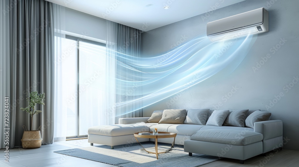 Blue waves of fresh clean air in the apartment. Air conditioner. Fresh ...