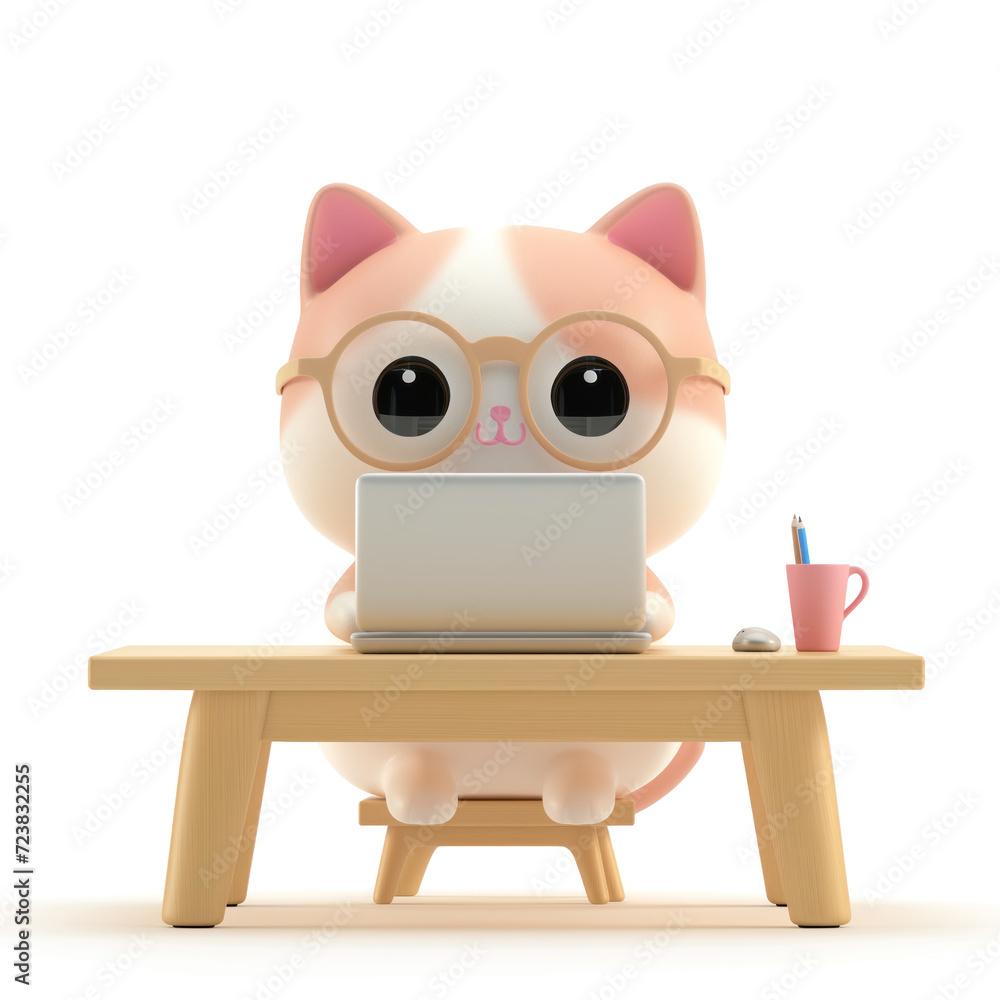 Funny cat with glasses sits at the table and works on a laptop. in 3D ...