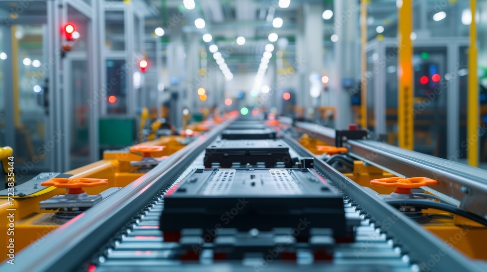 Mass production assembly line of electric vehicle battery cells. Close ...