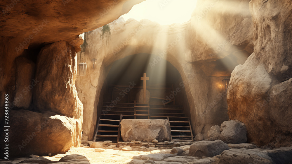 Empty tomb of Jesus in sun rays. Christian, catholic easter. Concept of ...
