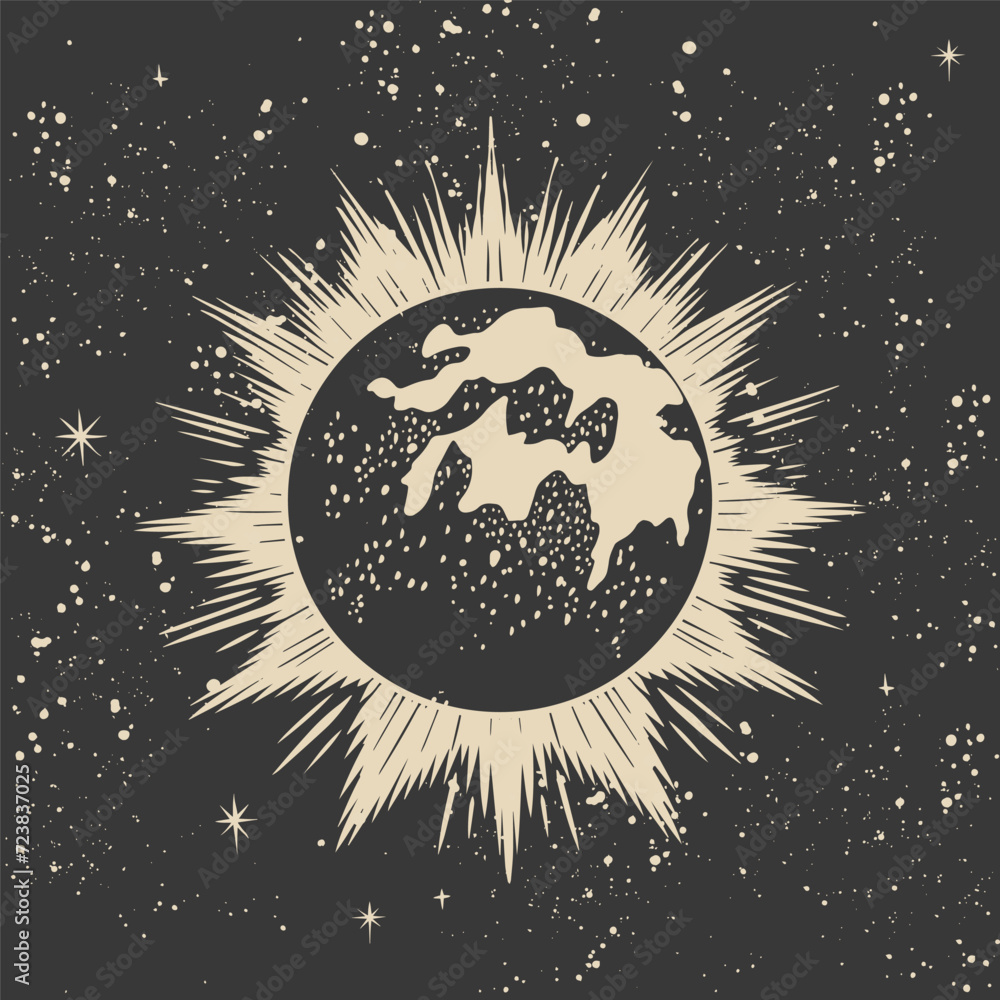 Solar eclipse, Shining planet with rays of light against a black cosmic ...