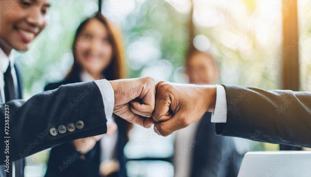 business partners celebrating commitment with a powerful fist bump ...