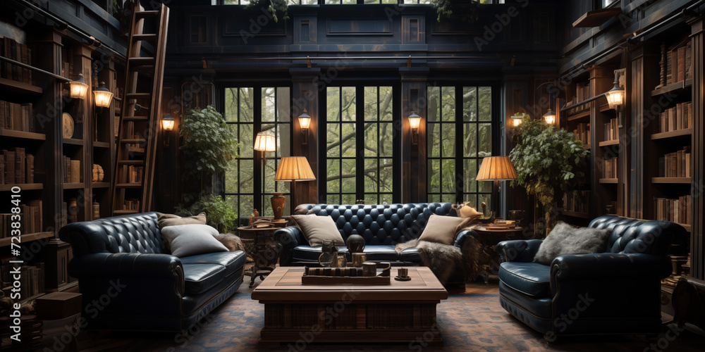 Realistic eclectic Reading room in old library or house dark vibes with ...