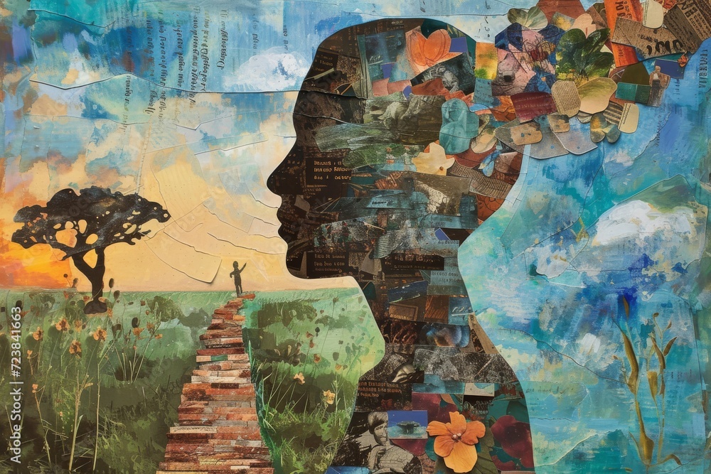 A collage made from mixed media, depicting a person's path to mental ...