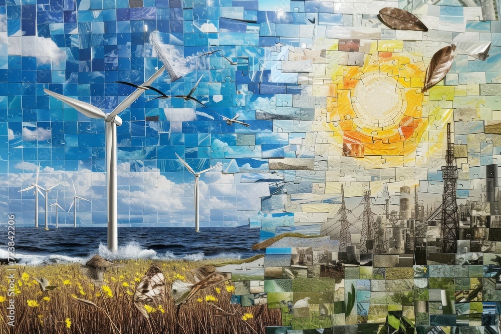 A collage made from photos and drawings representing various aspects of ...